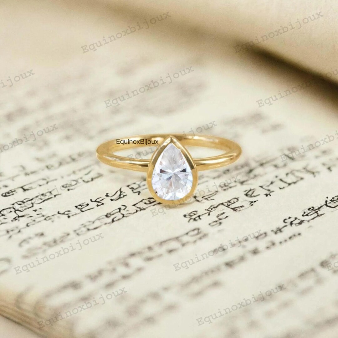 Bezel Set Pear Moissanite Engagement Ring, Beautiful Gold Ring, April ...