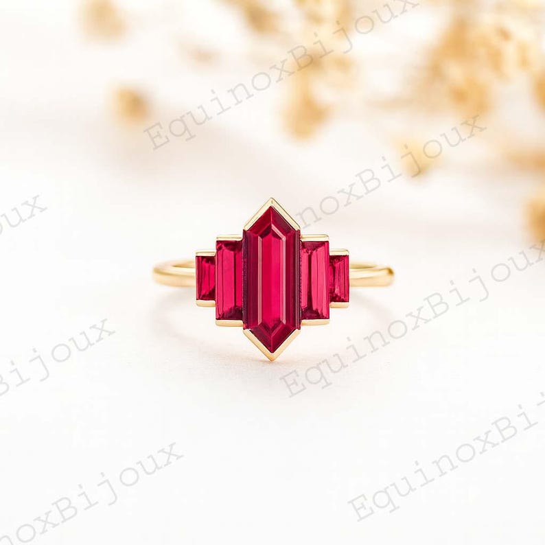 Unique Long Hexagon-cut Ruby Engagement Ring, Unique Rose Gold Ring ...