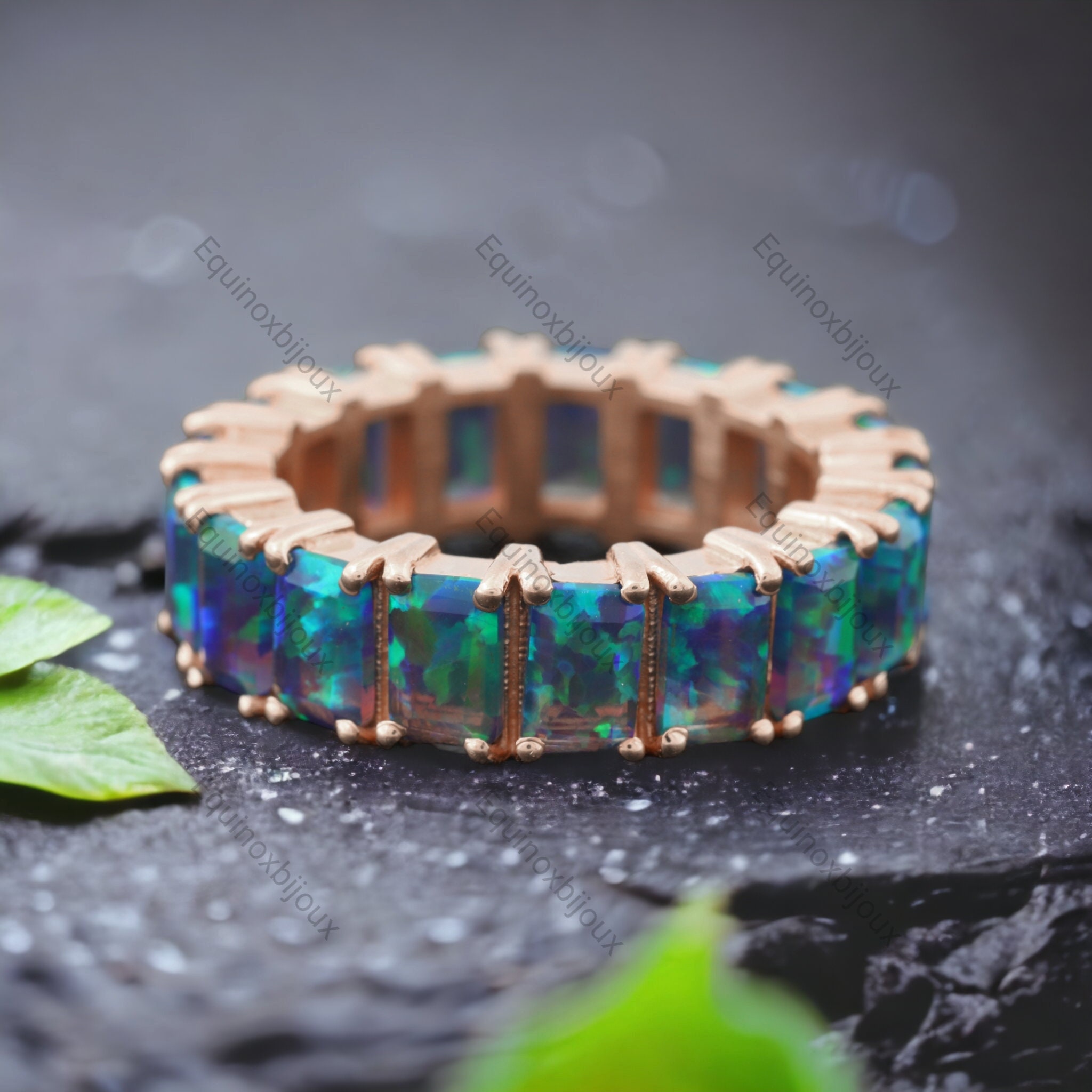 Black Opal Wedding Band Full Eternity Band 18k Yellow Gold Stacking ...