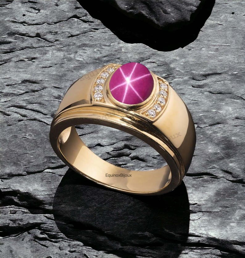 14k Gold Men's Star Ruby Ring, Solid 925 Sterling Silver, Lindy Star ...