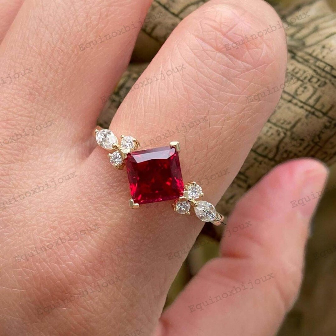 Princess Cut Ruby Engagement Ring, Sterling Silver 3CT Gemstone Ring ...