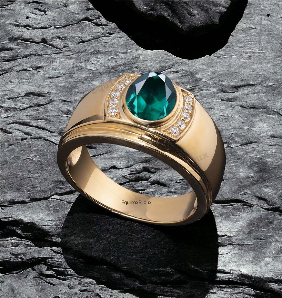 14k Gold Men's Green Emerald Ring, Solid 925 Sterling Silver, Emerald ...