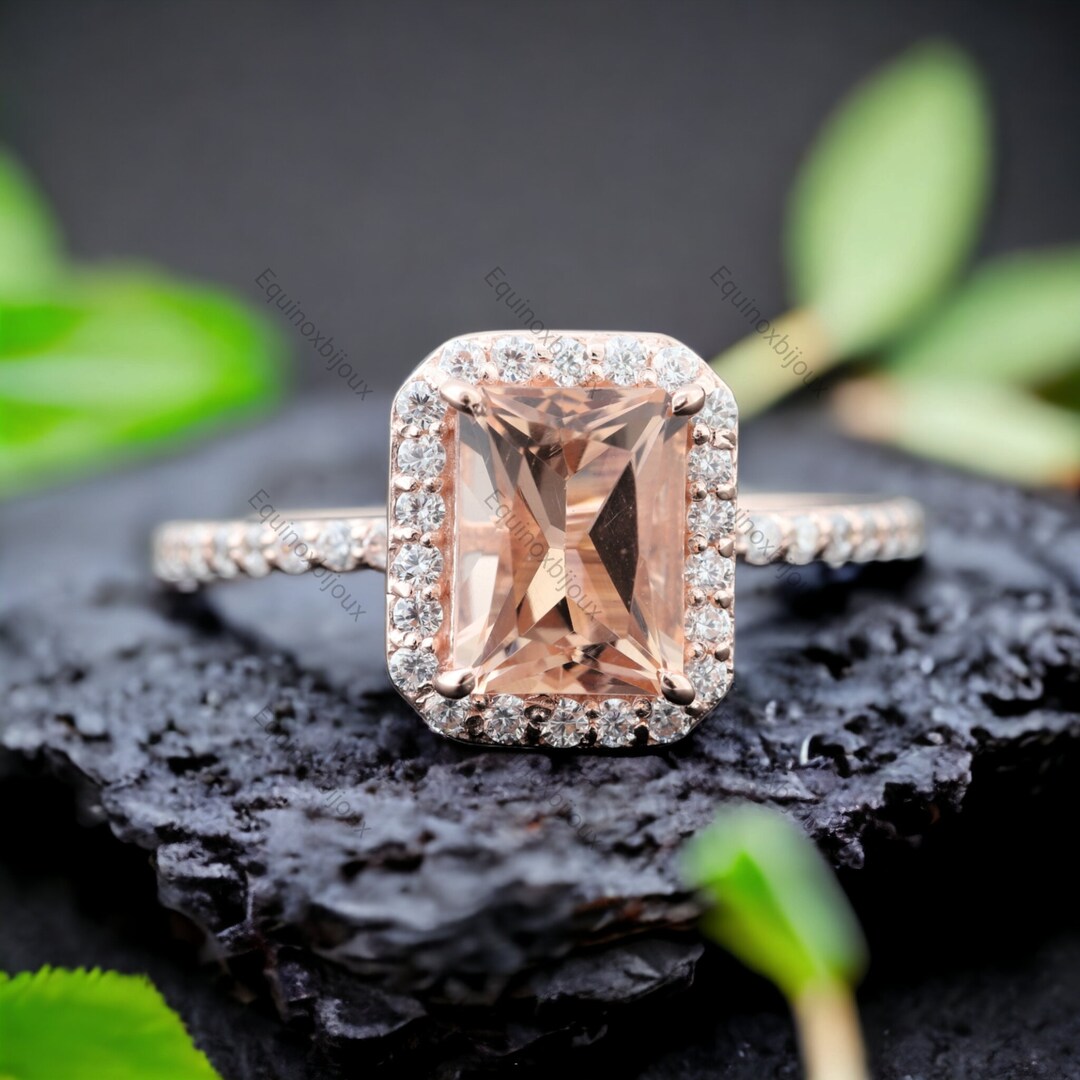 Elegant Peach Morganite Engagement Ring 14k Rose Gold Halo Half ...