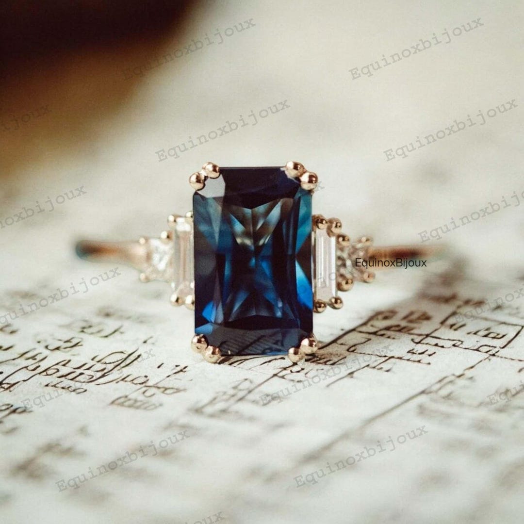 Natural Emerald Cut Blue Sapphire Engagement Ring, 925 Sterling Silver ...