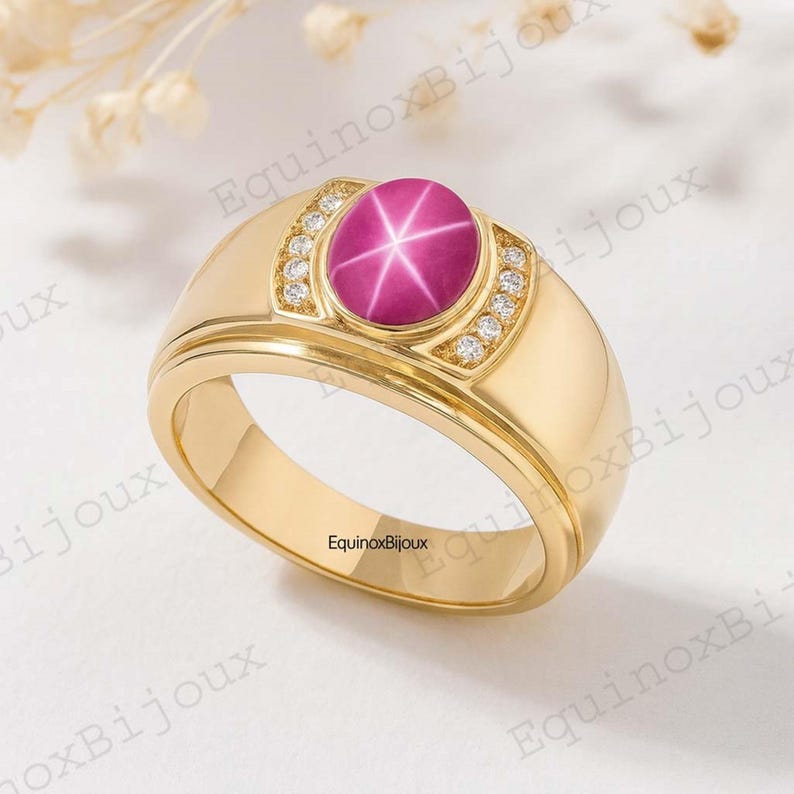 14k Gold Men's Star Ruby Ring, Solid 925 Sterling Silver, Lindy Star ...