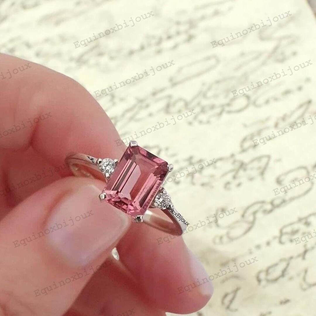 Pink Tourmaline Ring, 14K Gold Emerald Cut Tourmaline Engagement Ring ...