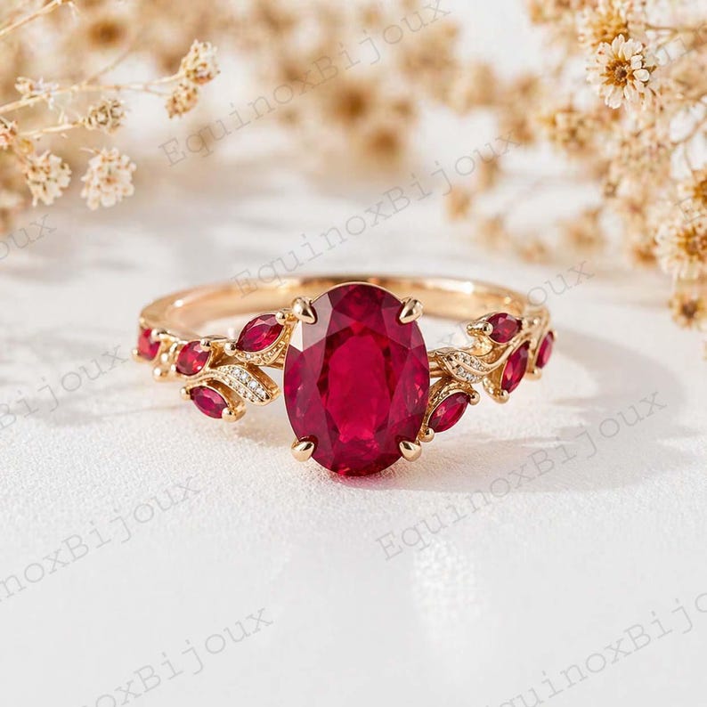 Unique Forest Red Ruby Ring Rose Gold, Oval Shape Red Stone Boho ...