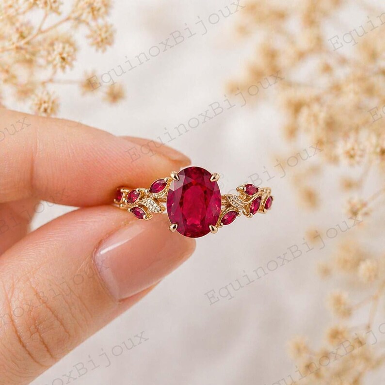Unique Forest Red Ruby Ring Rose Gold, Oval Shape Red Stone Boho ...
