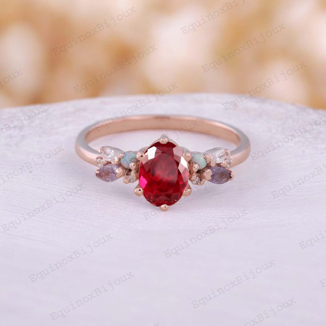 Oval Ruby Gemstone Ring Antique Moissanite Alexandrite Cluster Ring Art ...