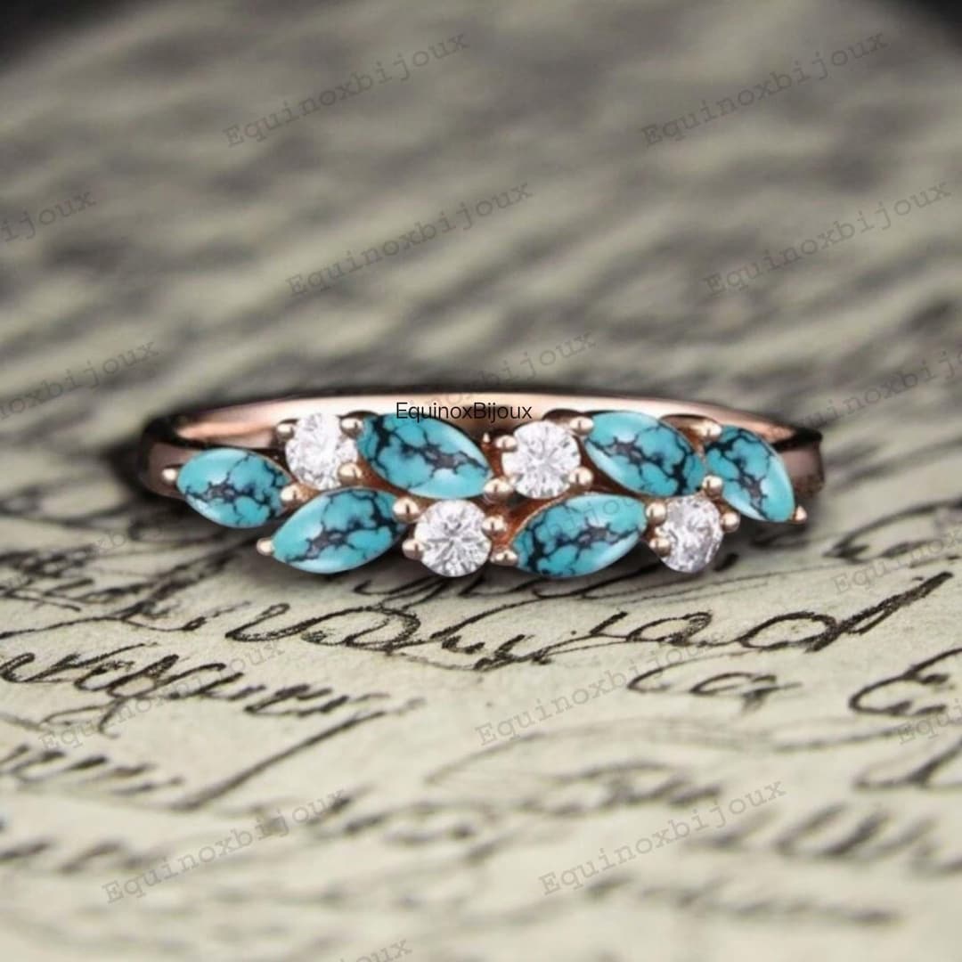 Marquise Turquoise Wedding Band, Rose Gold Dainty Turquoise Band, Vintage Moissanite Stackable ...