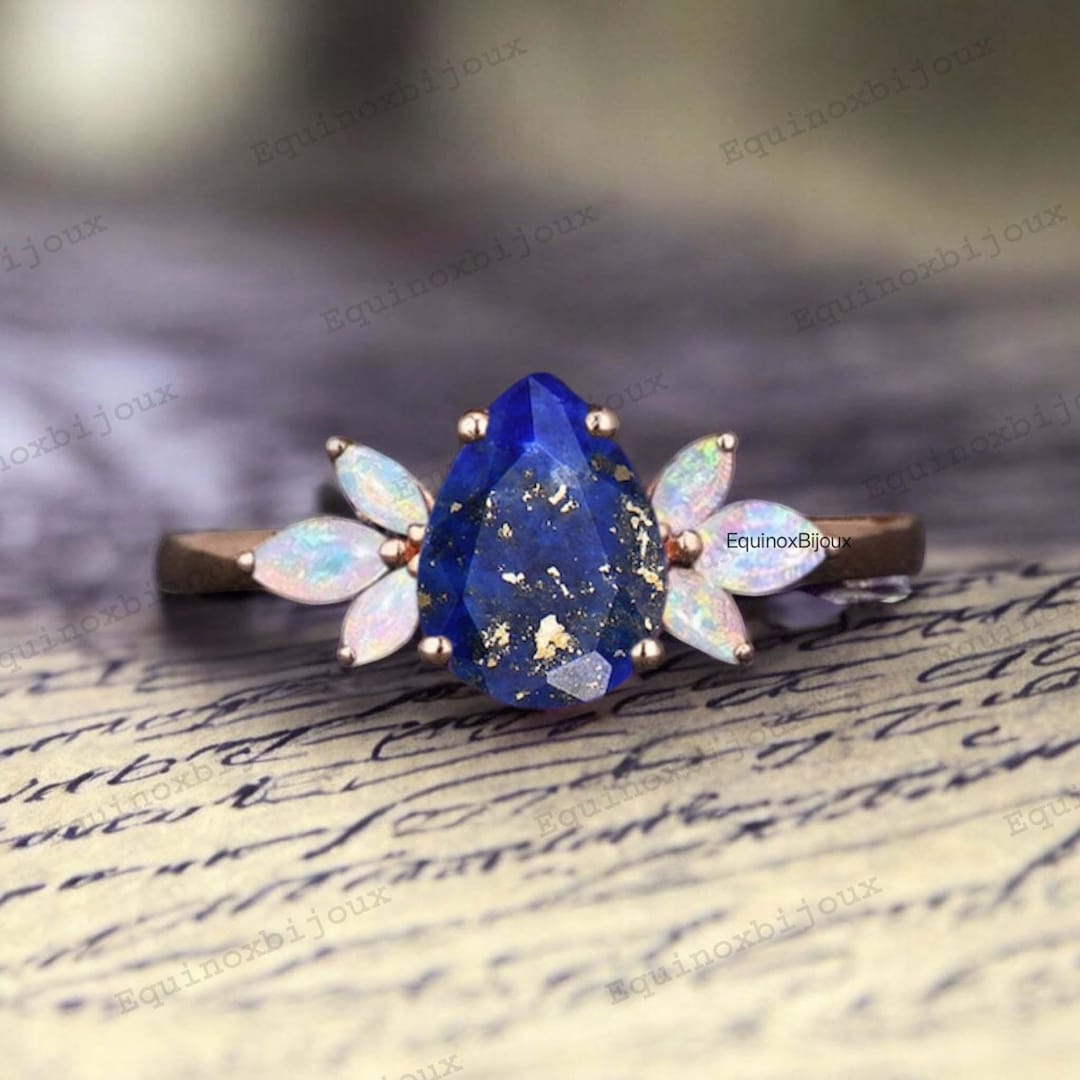 Pear Cut Lapis Lazuli Engagement Ring, 14K Gold Marquise Fire Opal ...