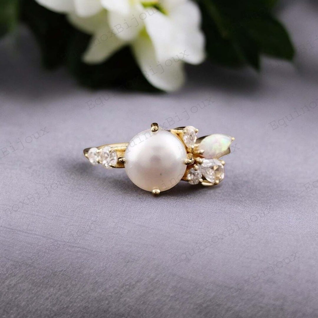 Antique Akoya Pearl Engagement Ring Dainty Solid Gold Opal Moissanite ...