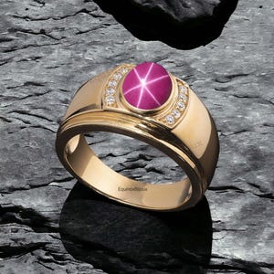 14k Gold Men's Star Ruby Ring, Solid 925 Sterling Silver, Lindy Star Ruby Ring for Men, 7×9 Mm ...