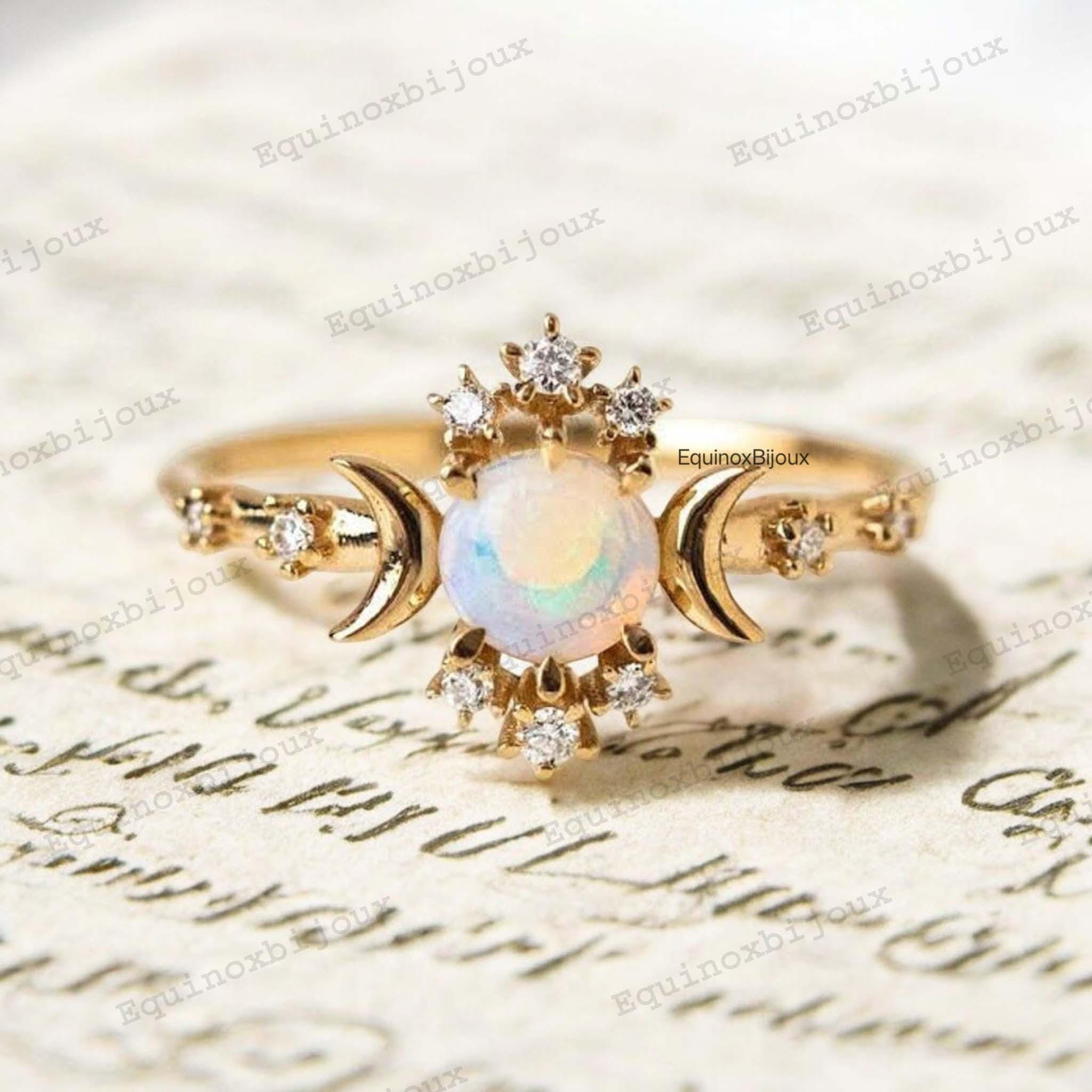 Antique Crescent Moon Engagement Ring, Round Fire Opal Moon & Star Ring, Handmade Cluster ...