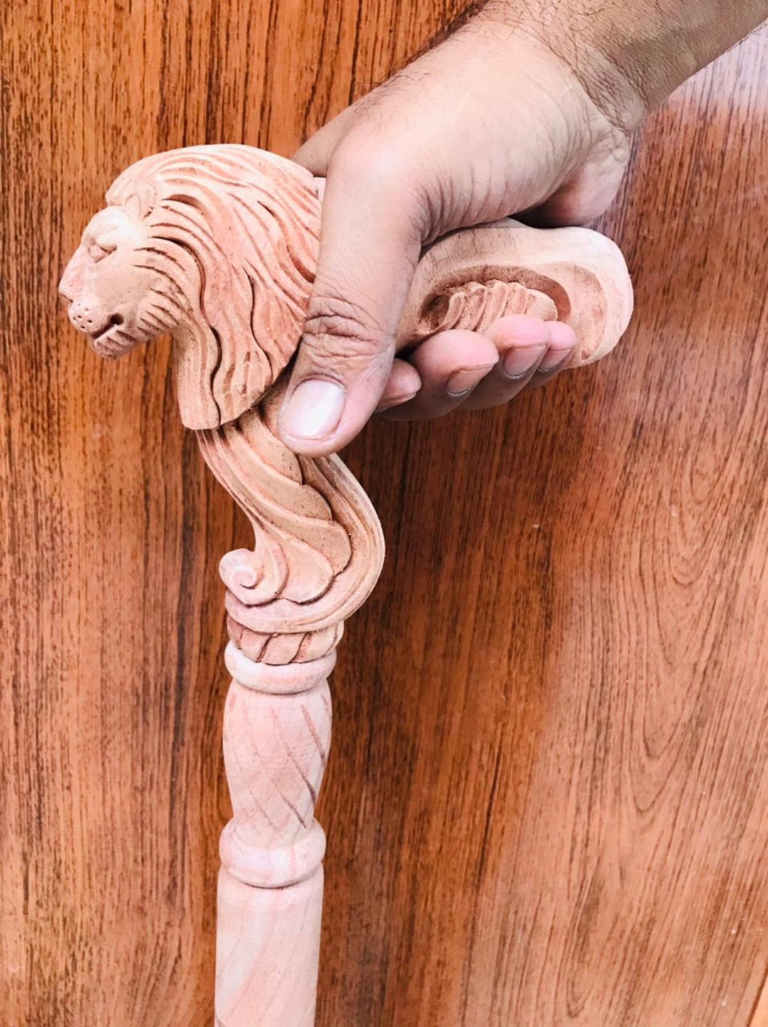 Lion Walking Stick – Handmade Wooden Lion Handle, Vintage Walking Cane ...
