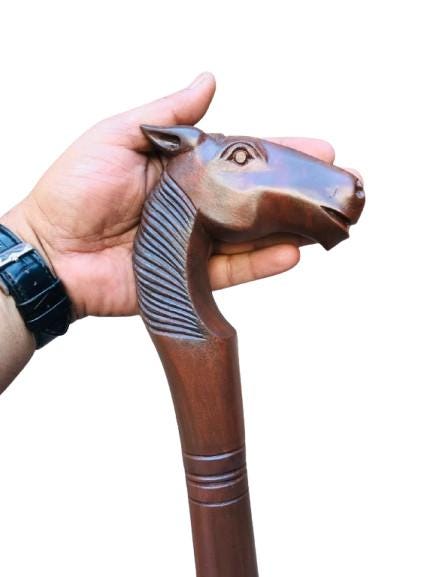 Horse Head Walking Cane – Solid Wood Handle, Antique Finish, Equestrian ...