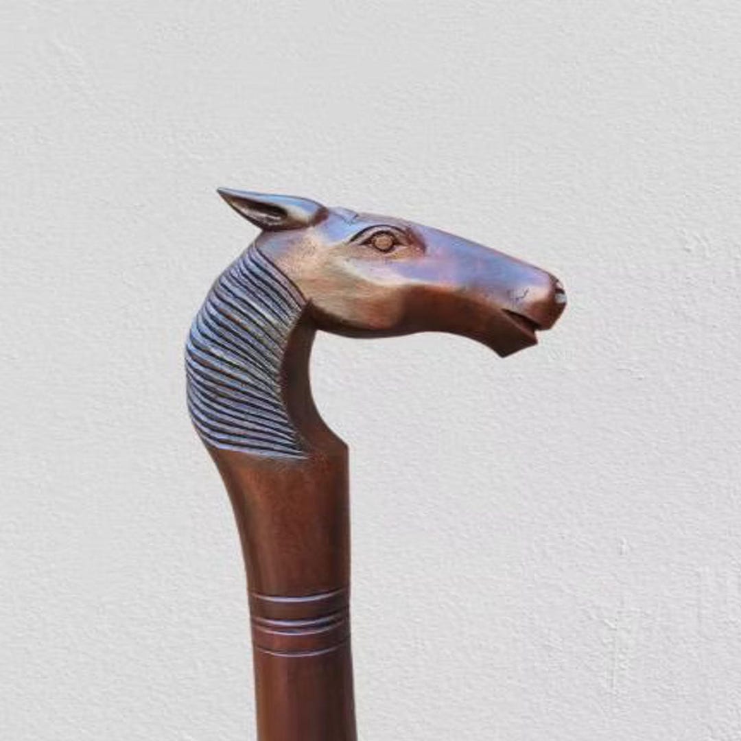 Horse Head Walking Cane – Solid Wood Handle, Antique Finish, Equestrian ...