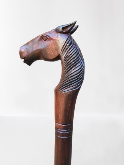 Horse Head Walking Cane – Solid Wood Handle, Antique Finish, Equestrian ...