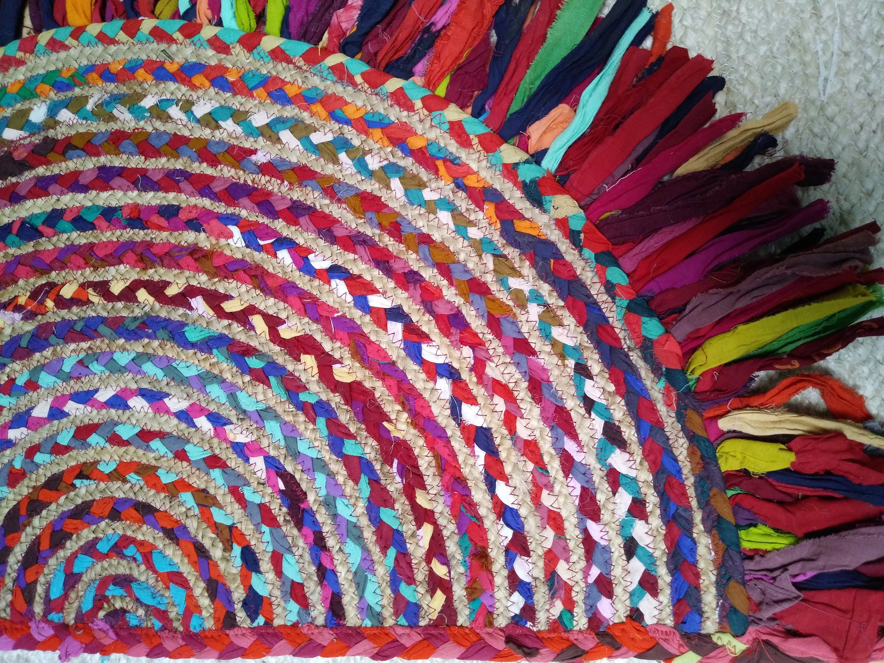 Jute With Multi Colour Chindi Braided Half Circle, Colourful Rainbow ...