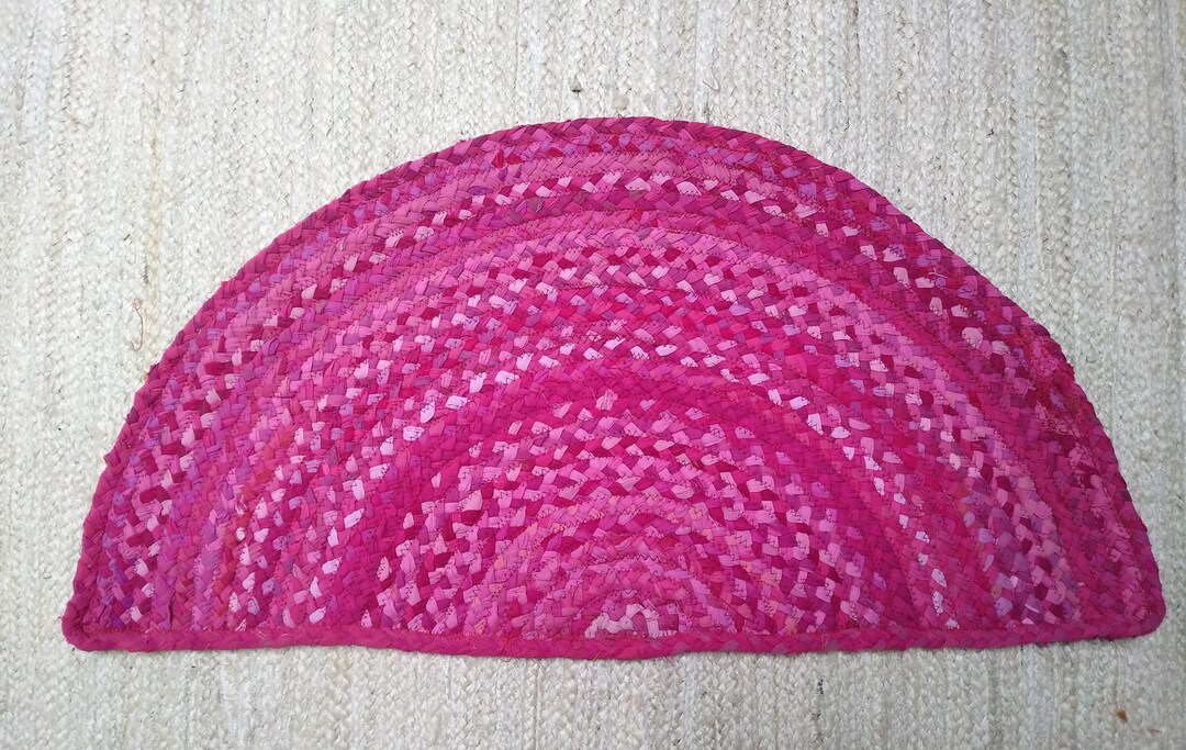 Handmade Half Circle Chindi Pink Fabric Doormat, Indoor-outdoor Chindi ...