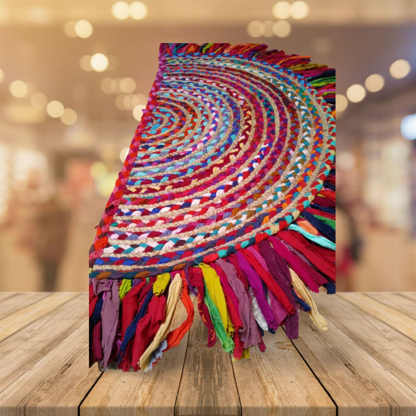 Jute With Multi Colour Chindi Braided Half Circle, Colourful Rainbow ...