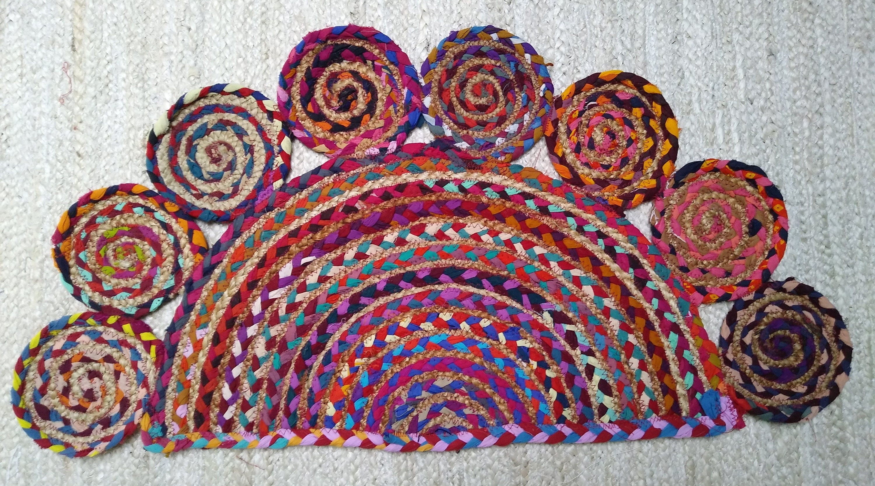 Scalloped Jute Chindi Braided Half Circle Colourful Doormat, Vintage ...