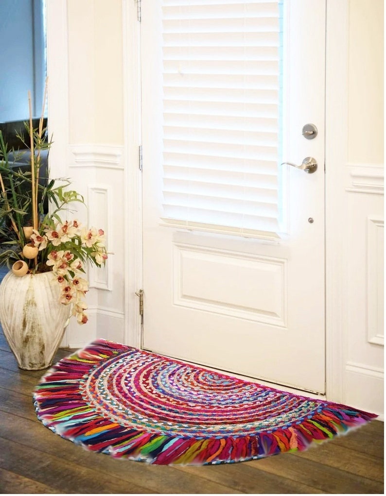 Jute With Multi Colour Chindi Braided Half Circle, Colourful Rainbow ...