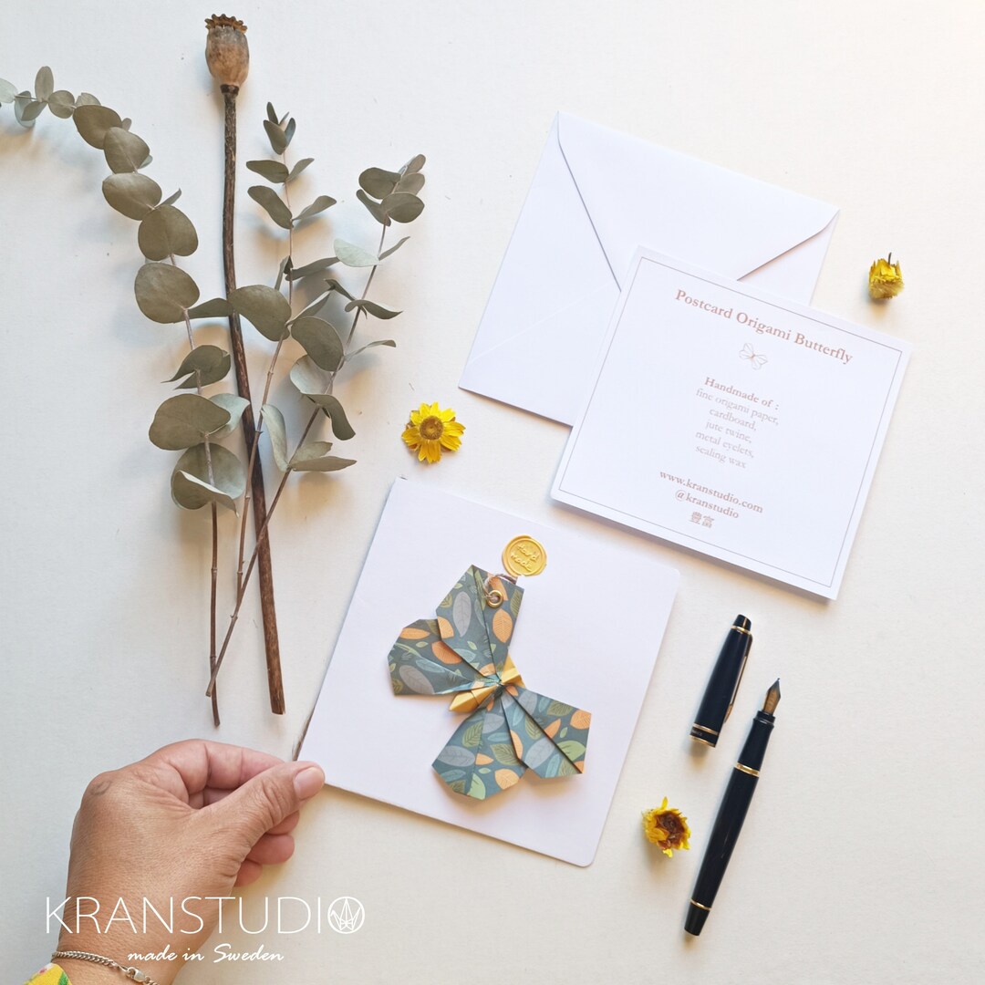 Folded Birth Card, Origami Butterfly, Green and Peach, Leaf Pattern - Etsy