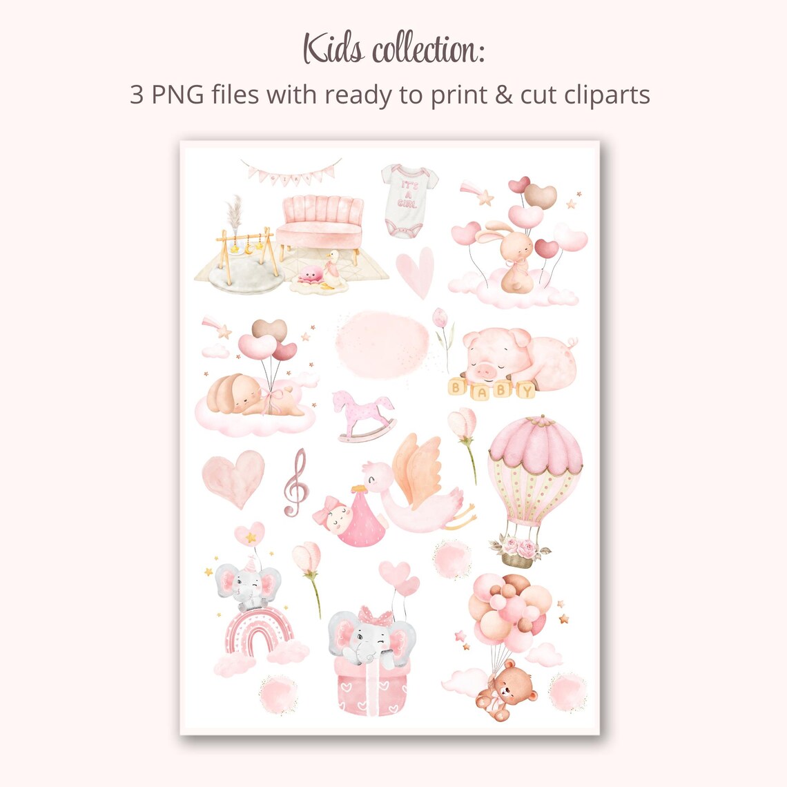 Watercolor Baby Pink Clipart, Pink SVG, Baby, Bunny, Clipart, Floral ...