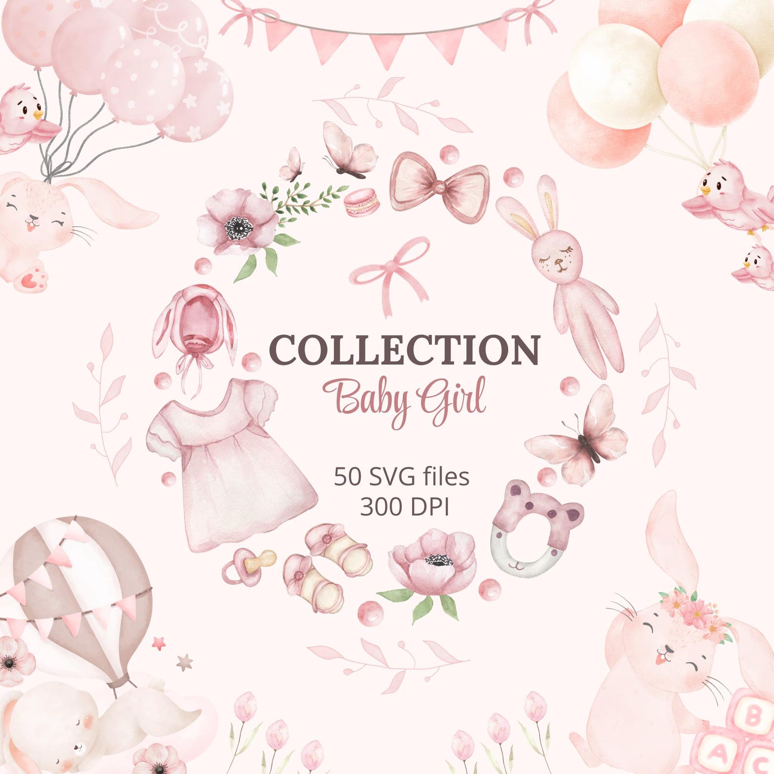 Watercolor Baby Pink Clipart, Pink SVG, Baby, Bunny, Clipart, Floral ...