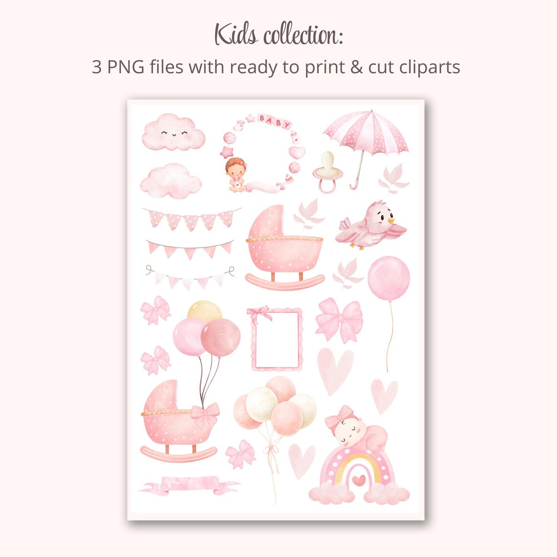 Watercolor Baby Pink Clipart, Pink SVG, Baby, Bunny, Clipart, Floral ...