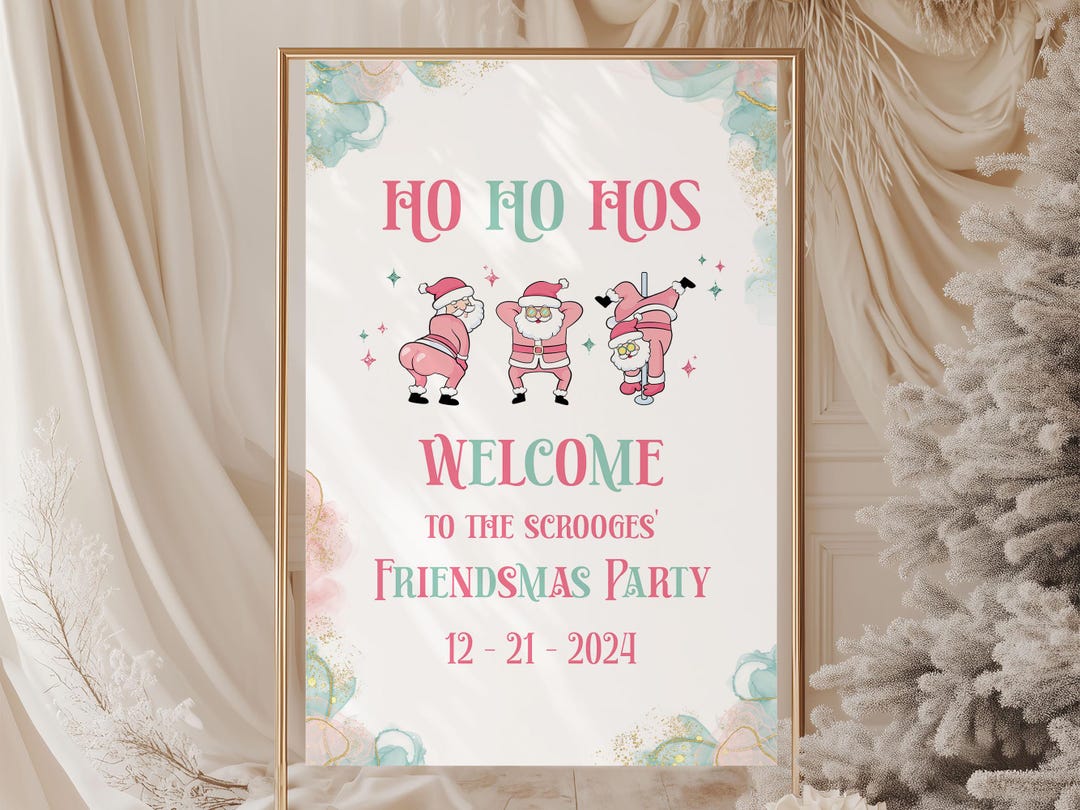 Editable Funny Christmas Party Welcome Sign, Pink Santa Party Decor ...
