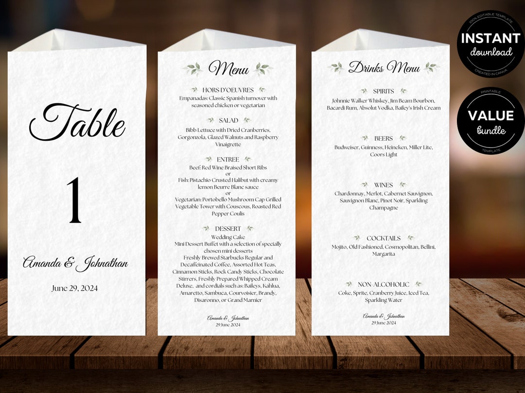 Stand up Tri-fold Wedding Menu Templatetrifold Wedding Table - Etsy