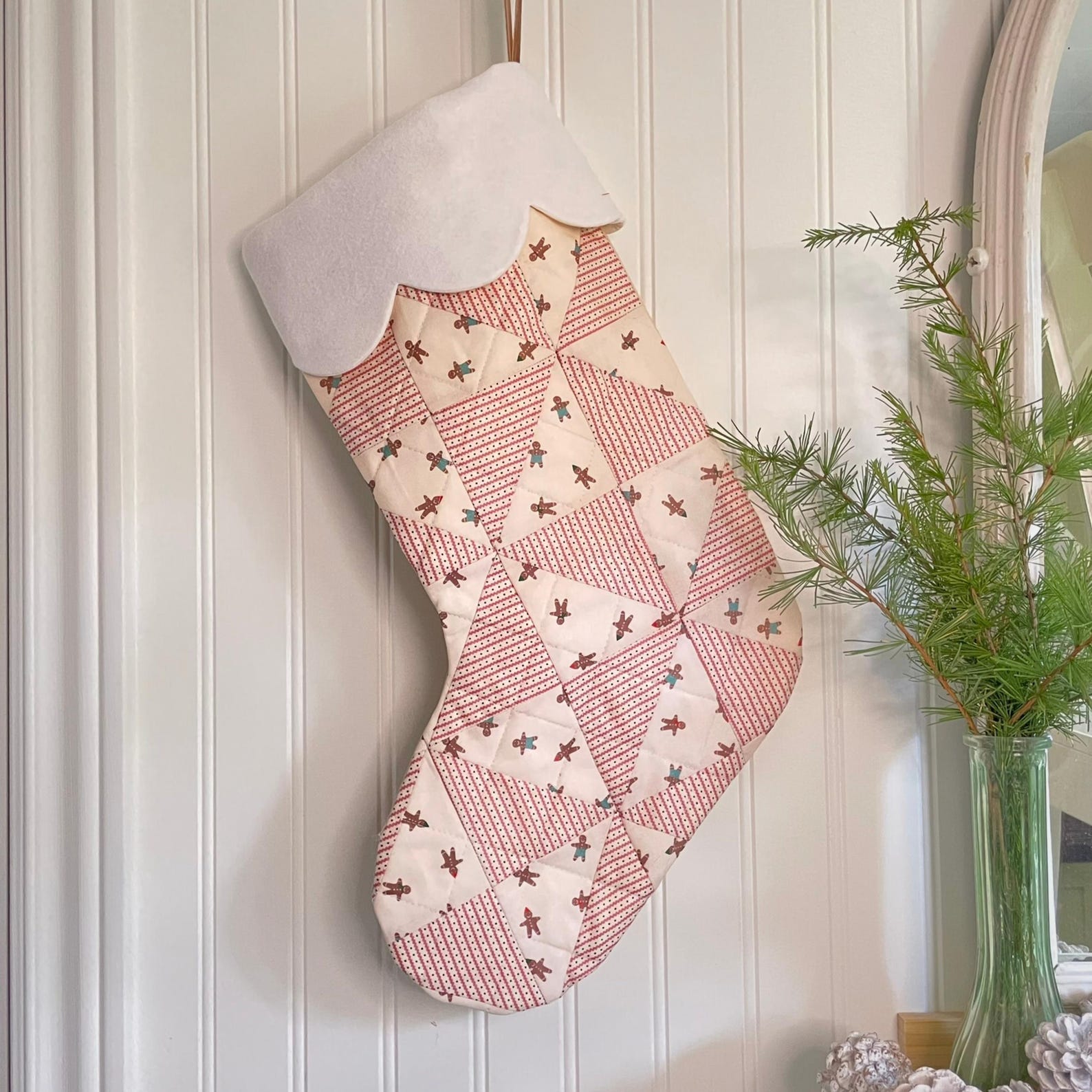 Quilted Patchwork Christmas Stocking - Gingerbread Light Stripes - N107 ...