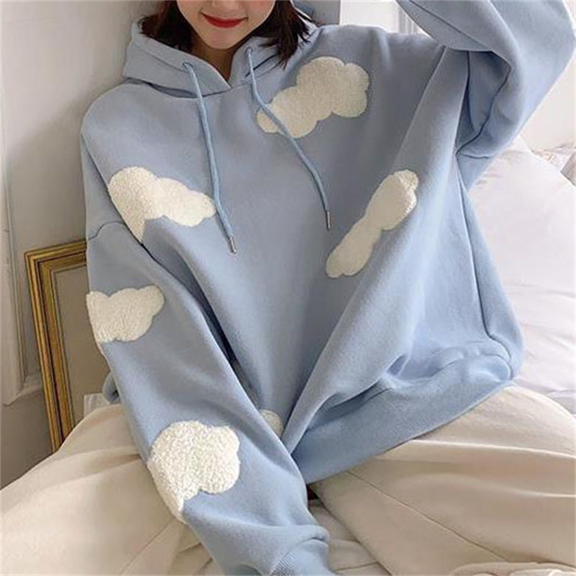 Blue White Clouds Hoodie Kawaii Clouds Fleece Pullover - Etsy