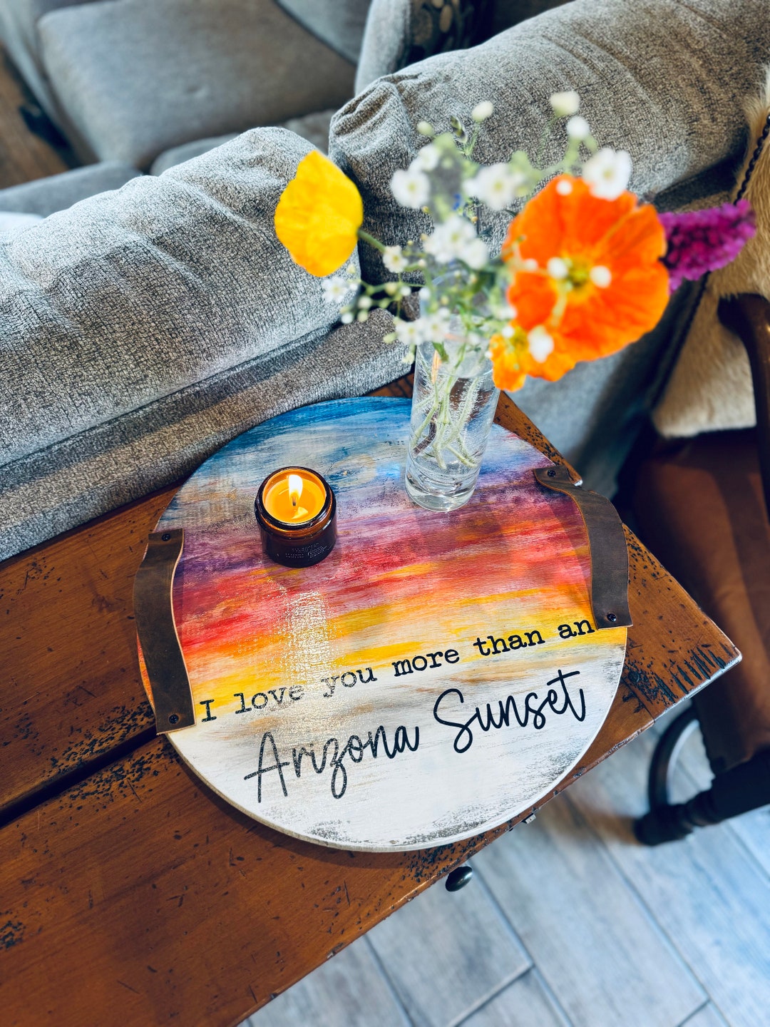 Rustic Wooden Serving Tray | Ottoman Tray | Breakfast Tray | Round Wood ...