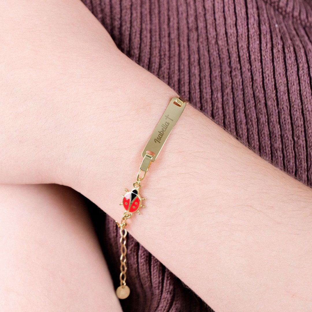 14K Solid Gold Custom Baby Bracelet With Ladybug, Baby Name Bracelet ...
