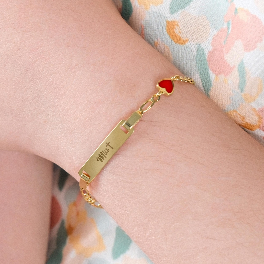 14K Solid Gold Baby Bracelet Girl, Baby Name Bracelet With Heart ...