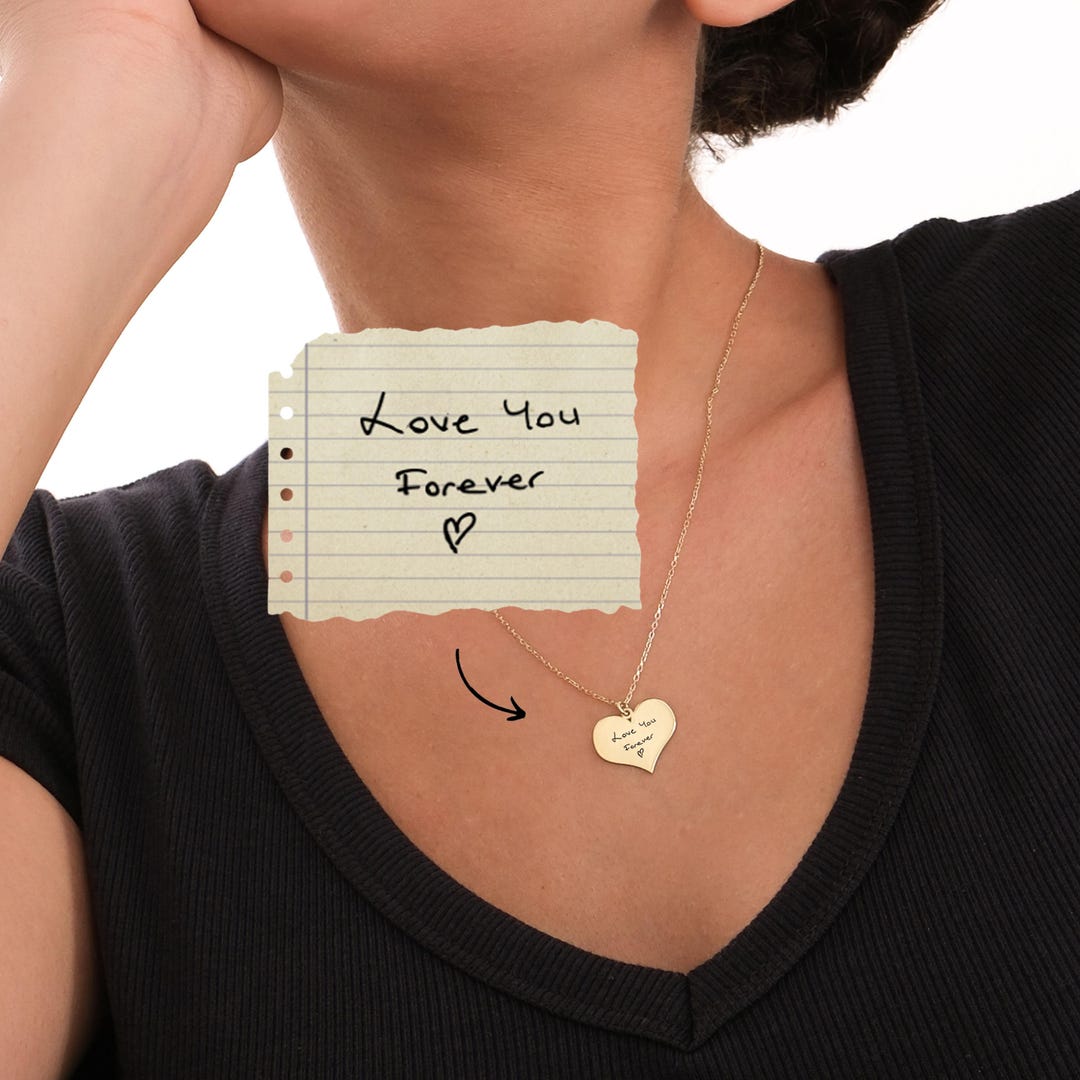 14K Solid Gold Heart Handwriting Necklace, Custom Heart Engraved ...