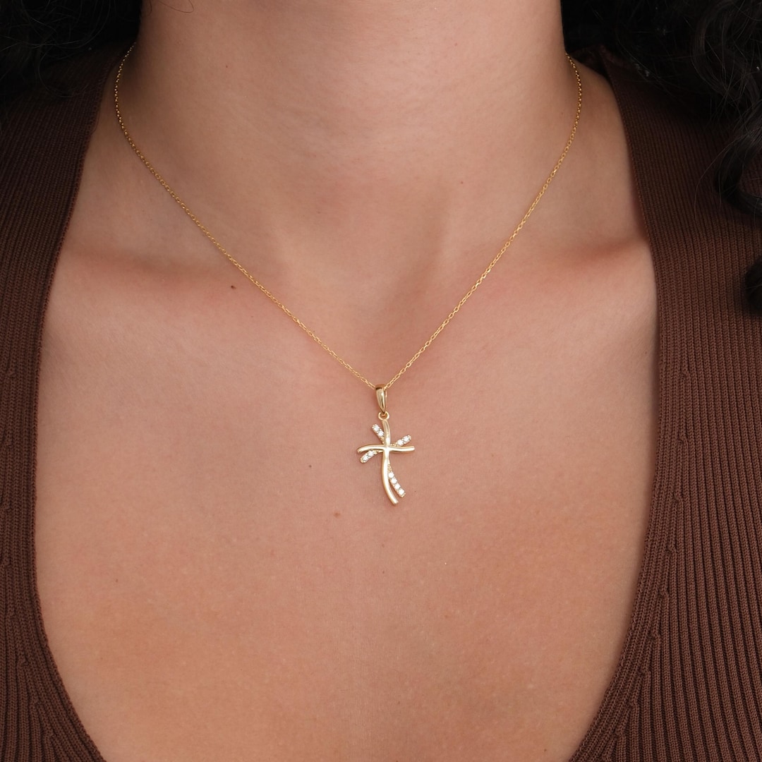18K Gold Vermeil Gold Double Cross Necklace : Curved Cross Pendant ...