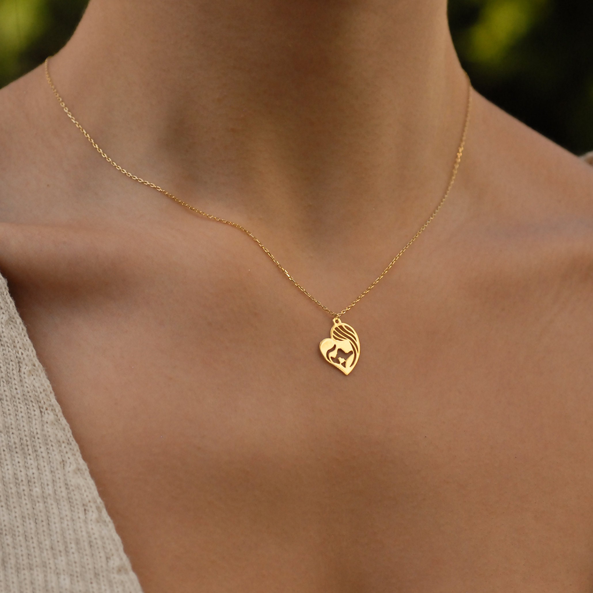 14K Gold Mother & Child Heart Pendant, Mom and Baby Pendant, Baby Heart ...