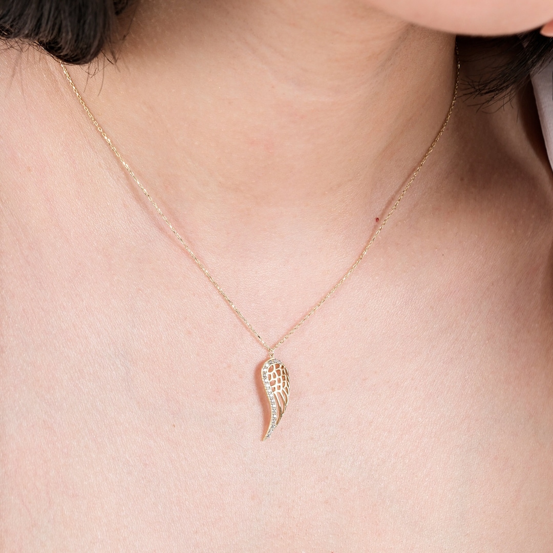 14K Solid Gold Angel Wing Necklace, 16'' to 18'', Angel Necklace Women ...