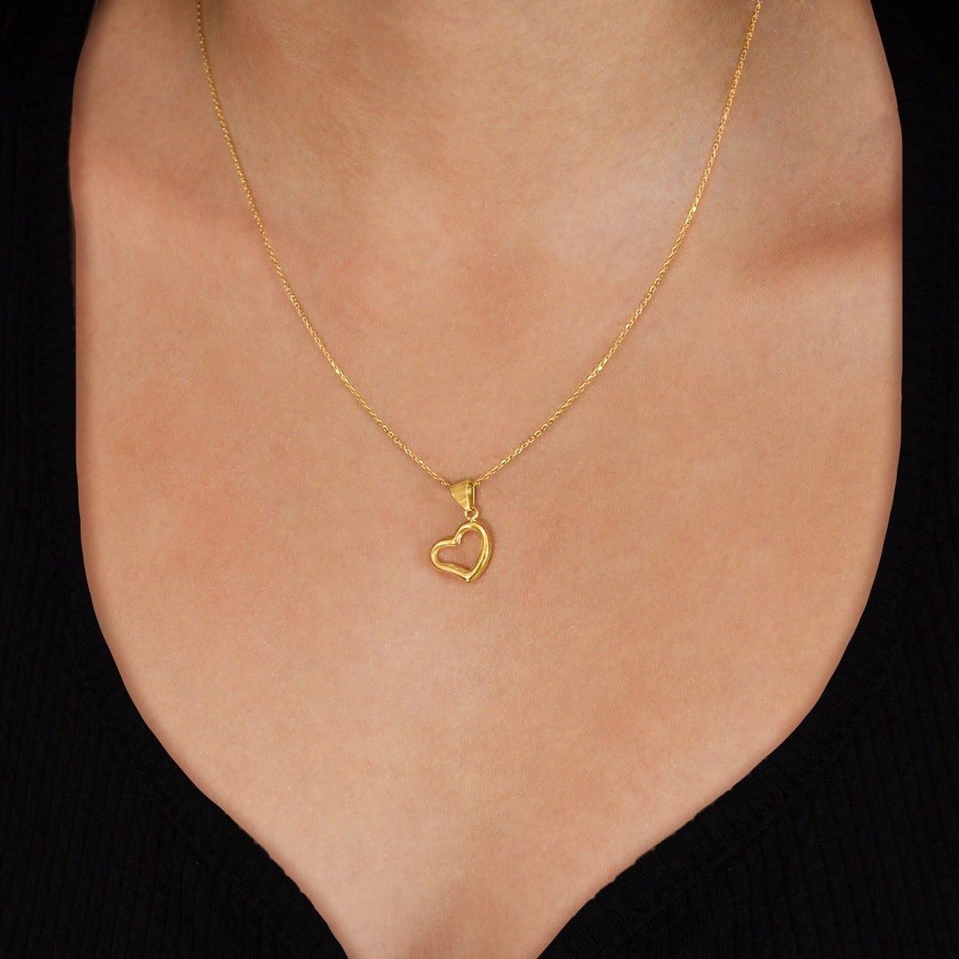 14K Solid Gold Heart Necklace for Women, Open Heart Necklace, Love ...