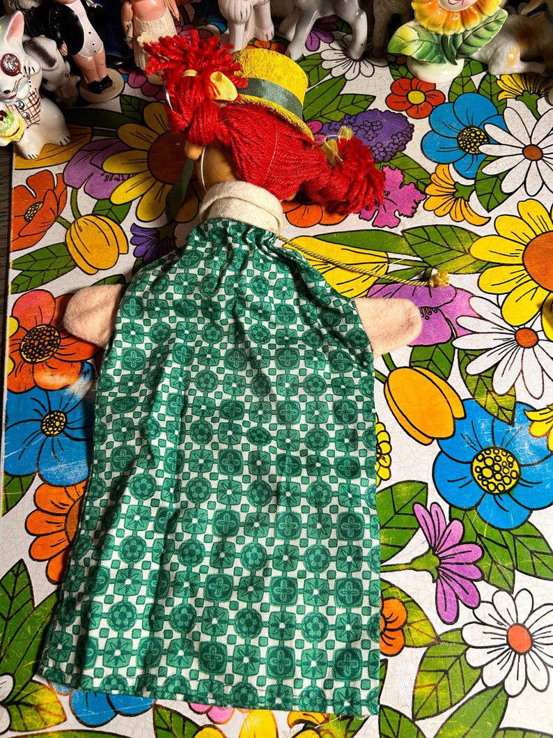 Vintage Wood Headed Puppet With Long Red Braids Yellow Felt Hat - Etsy