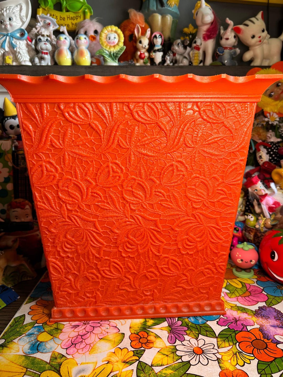 Vintage Max Klein Orange Floral Trashcan - Etsy