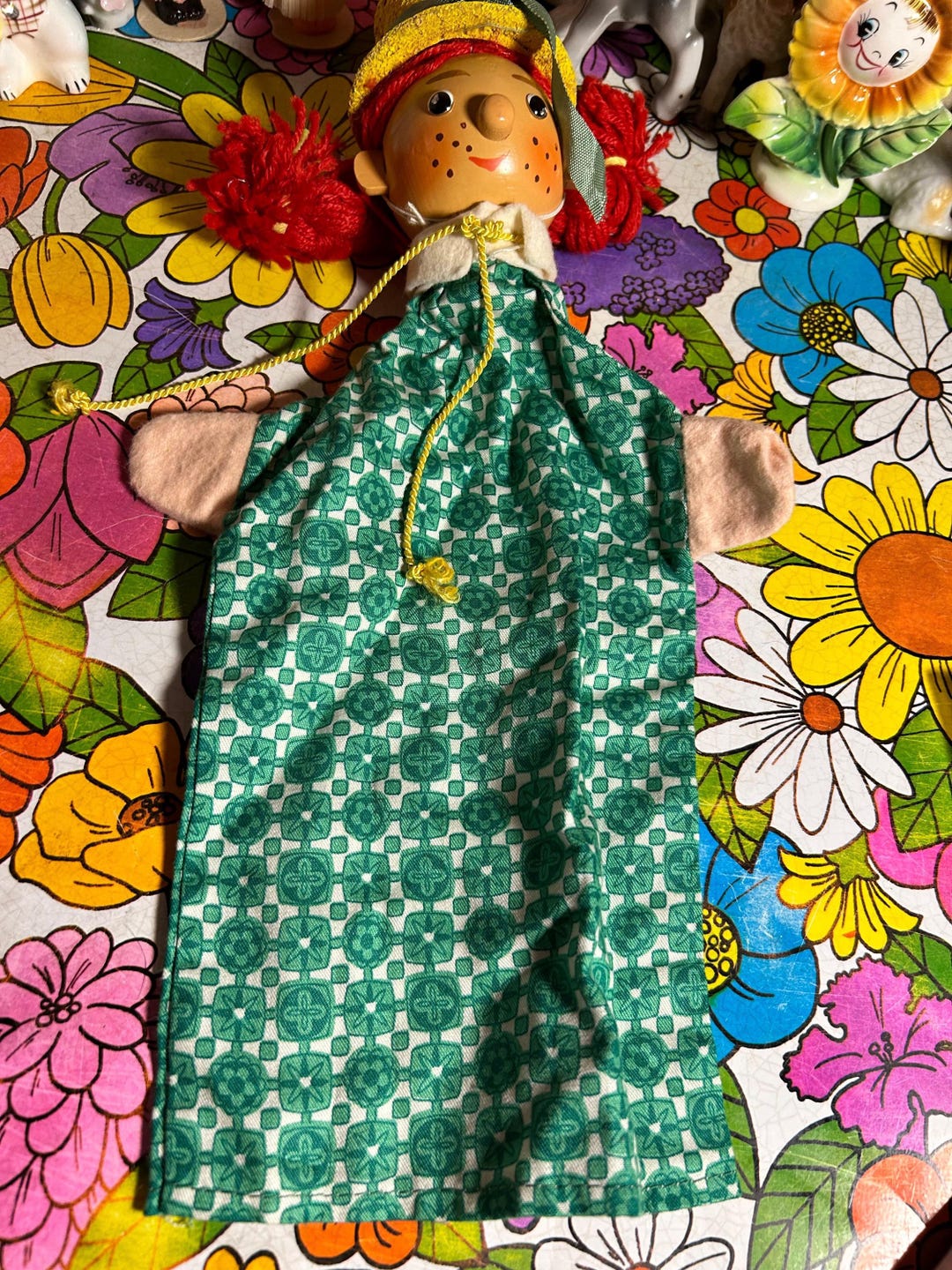 Vintage Wood Headed Puppet With Long Red Braids Yellow Felt Hat - Etsy