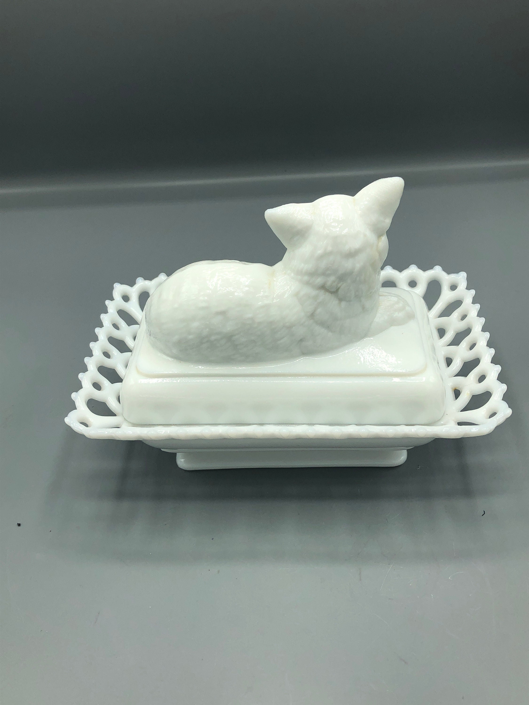 Antique Westmoreland Milk Glass Cat in a Basket Dish - Etsy