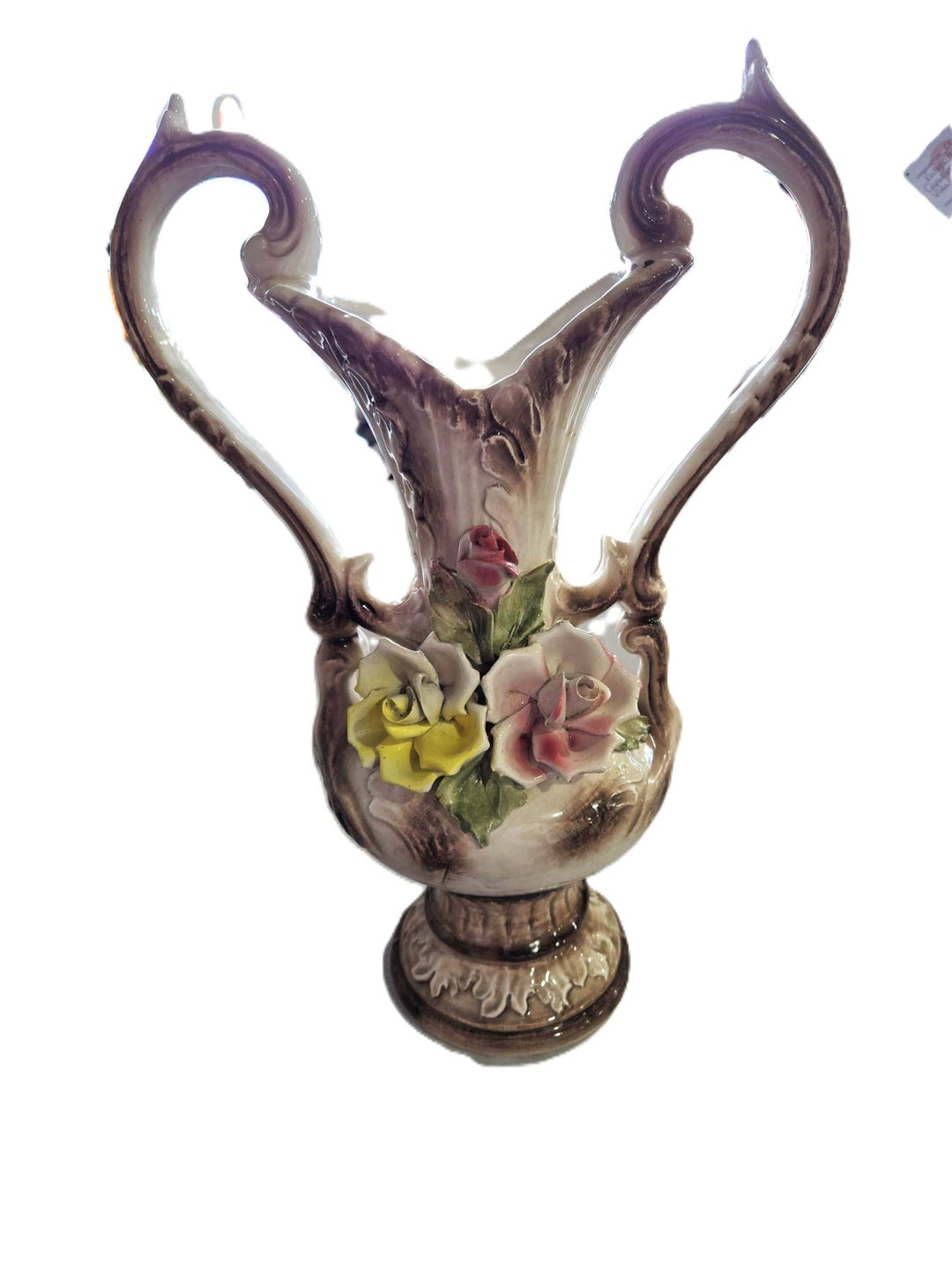 Vintage 1960's Capodimonte Large Double Handled Vase With Roses - Etsy