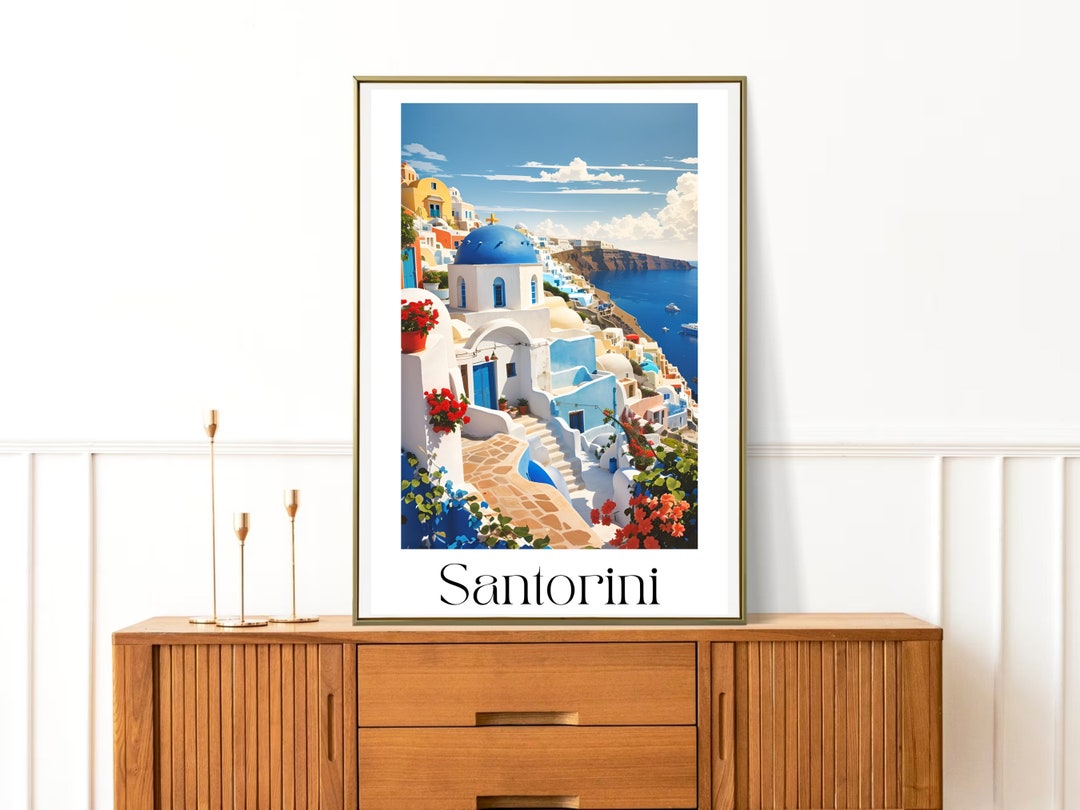 Santorini Greece Travel Poster Print Cyclades Island Wall Art Digital ...