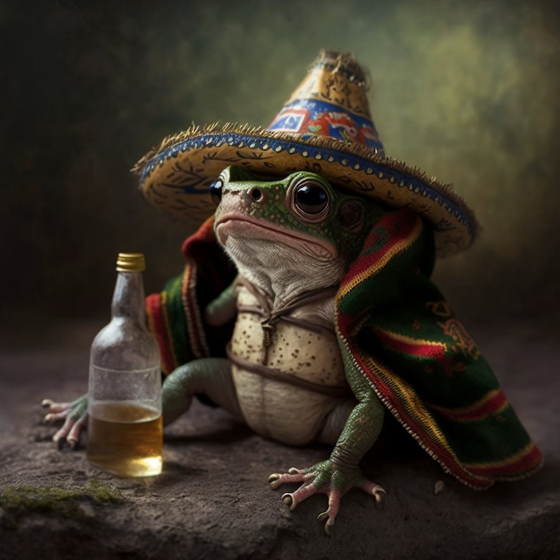 Mexican Frog Drinking a Beer, Poncho, AI Art, - Etsy